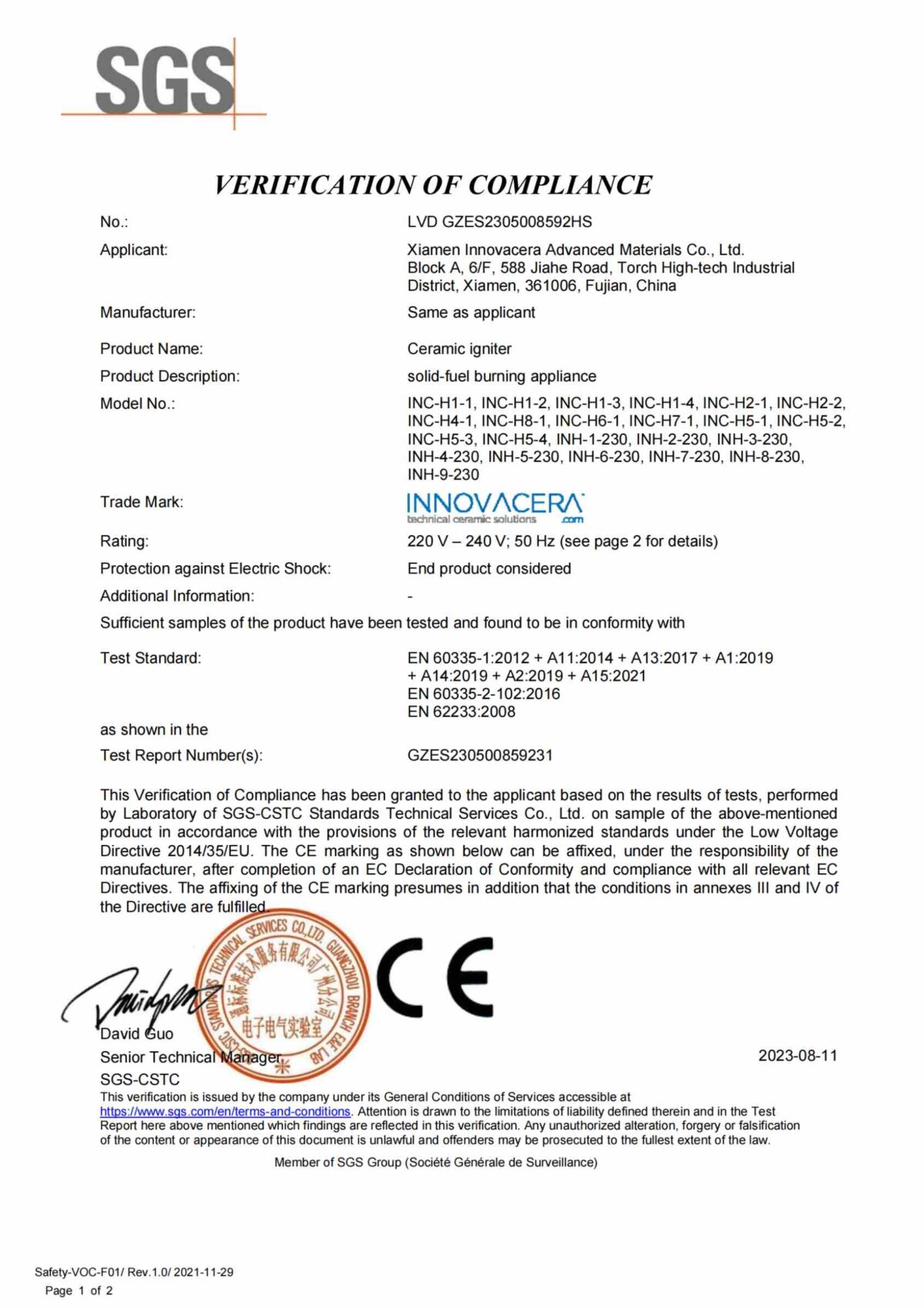 Congratulations for our Ceramic Igniter Got CE Certification | INNOVACERA